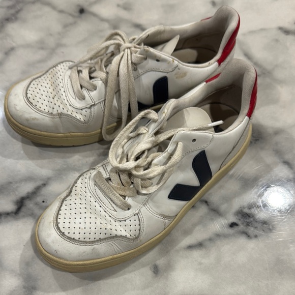 Veja | Shoes | Veja White And Red Sneakers With Navy Accents | Poshmark